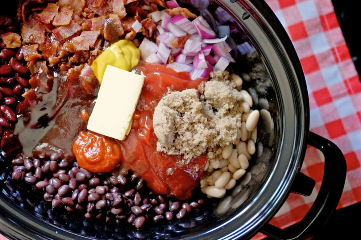 Crockpot Slow Cooker Smoked Kielbasa And Bbq Baked Beans Recipe Surf And Sunshine